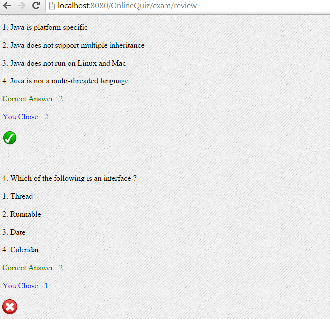 Online Quiz Application – Quiz Review Functionality