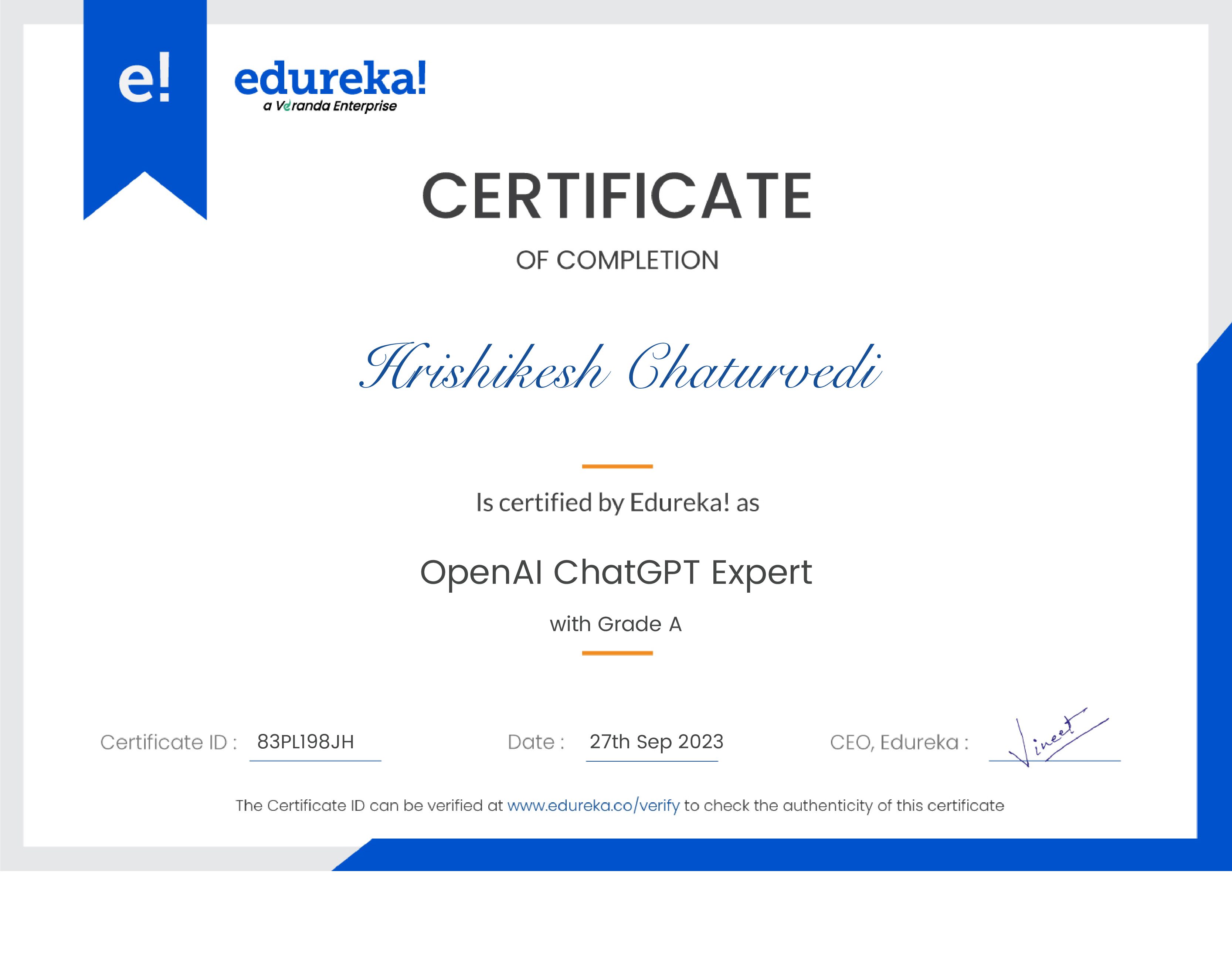 Check out Hrishikesh's Certificate on OpenAI ChatGPT Expert