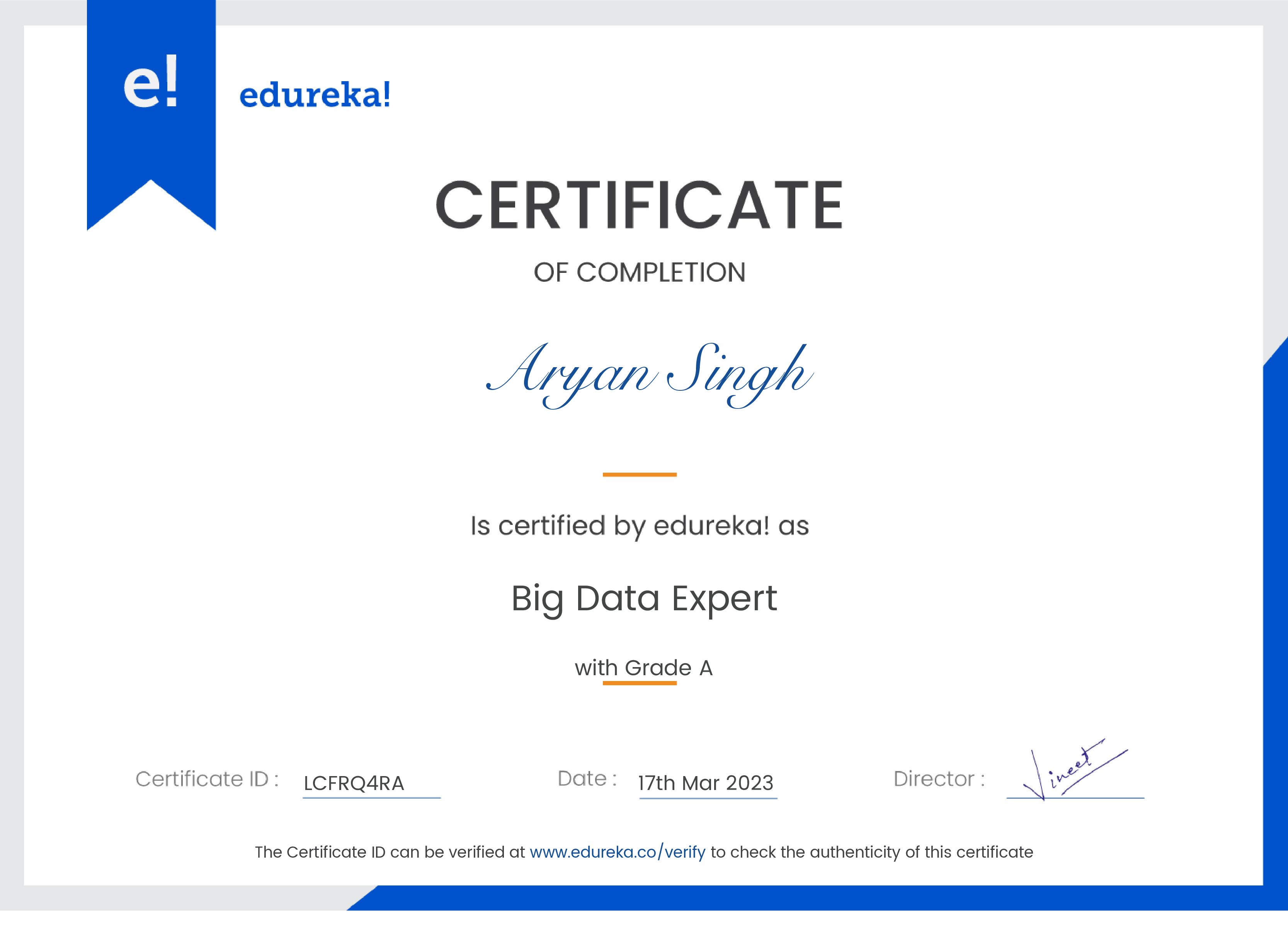 Check out Aryan's Certificate on Big Data Expert