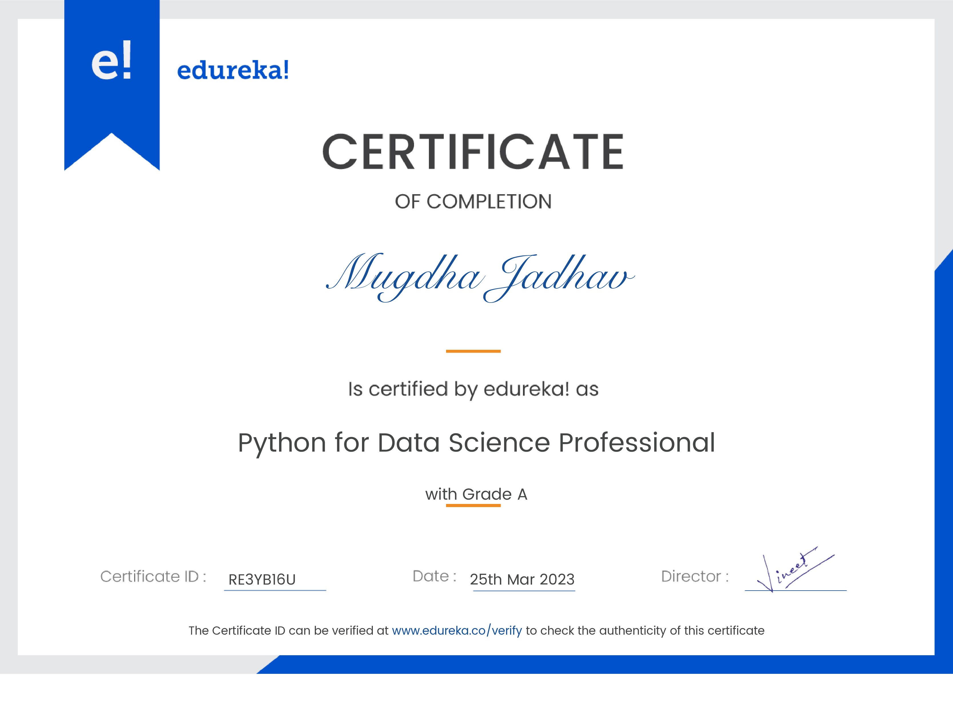 Check out Mugdha's Certificate on Python for Data Science Professional